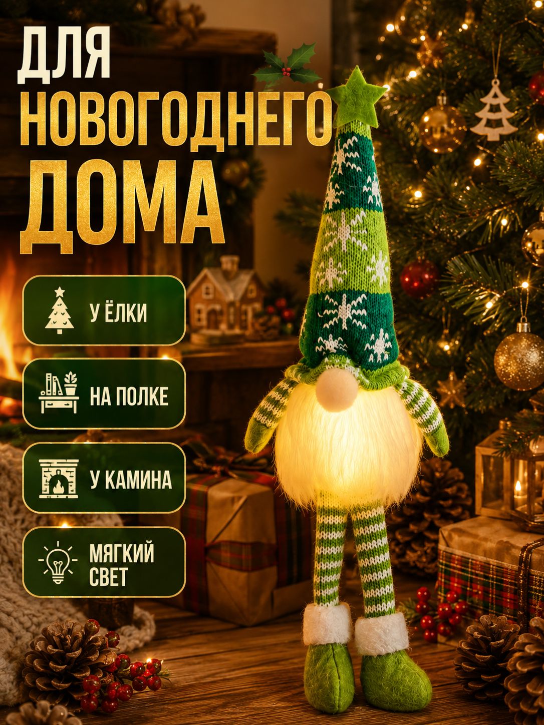 Игрушка под елку зеленый, высота 35 см, длина 33 см
