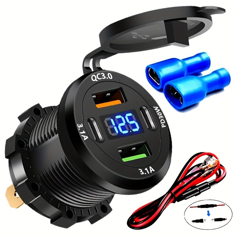 Автомобильное зарядное устройство в прикуриватель USB QC3.0 PD 120 Вт с цифровым дисплеем напряжения, модель MT08, черный цвет, с кабелем, для автомобилей, катеров и автодомов