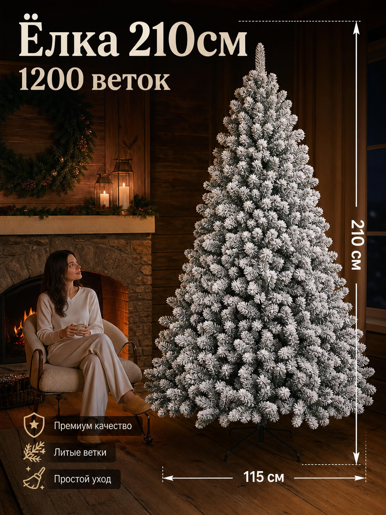 Нарядная искусственная ель в снегу, 210 см, 1200 веток, густая, ПВХ