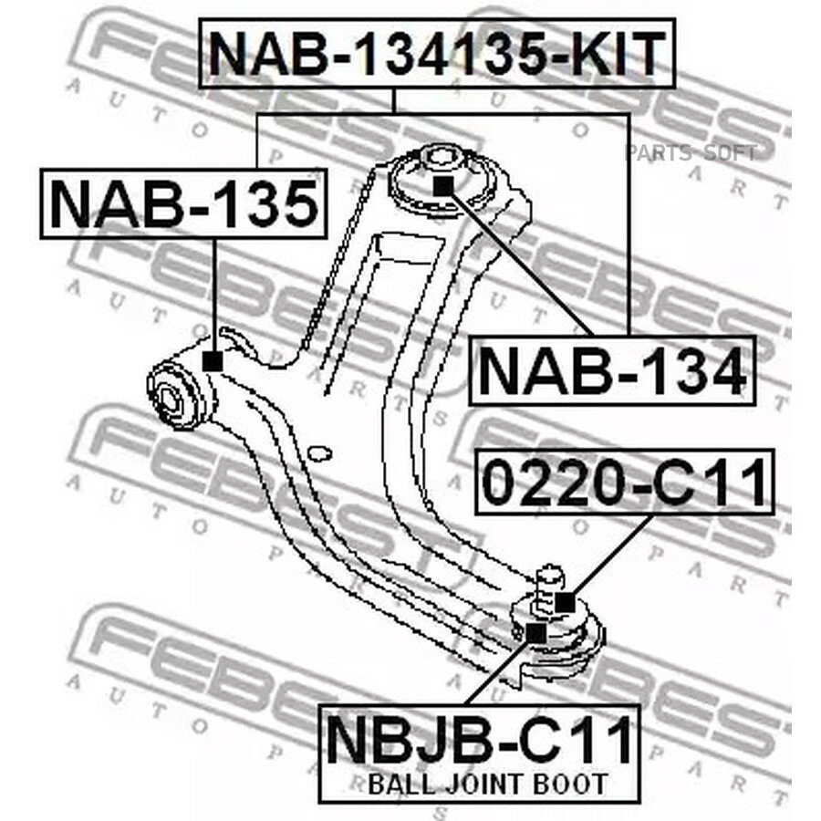 Сайлентблок рычага Nissan Note 05-12, Tiida 04- переднего (комплект передний+задний) \ FEBEST NAB-134135-KIT FEBEST NAB134135KIT | цена за 1 шт