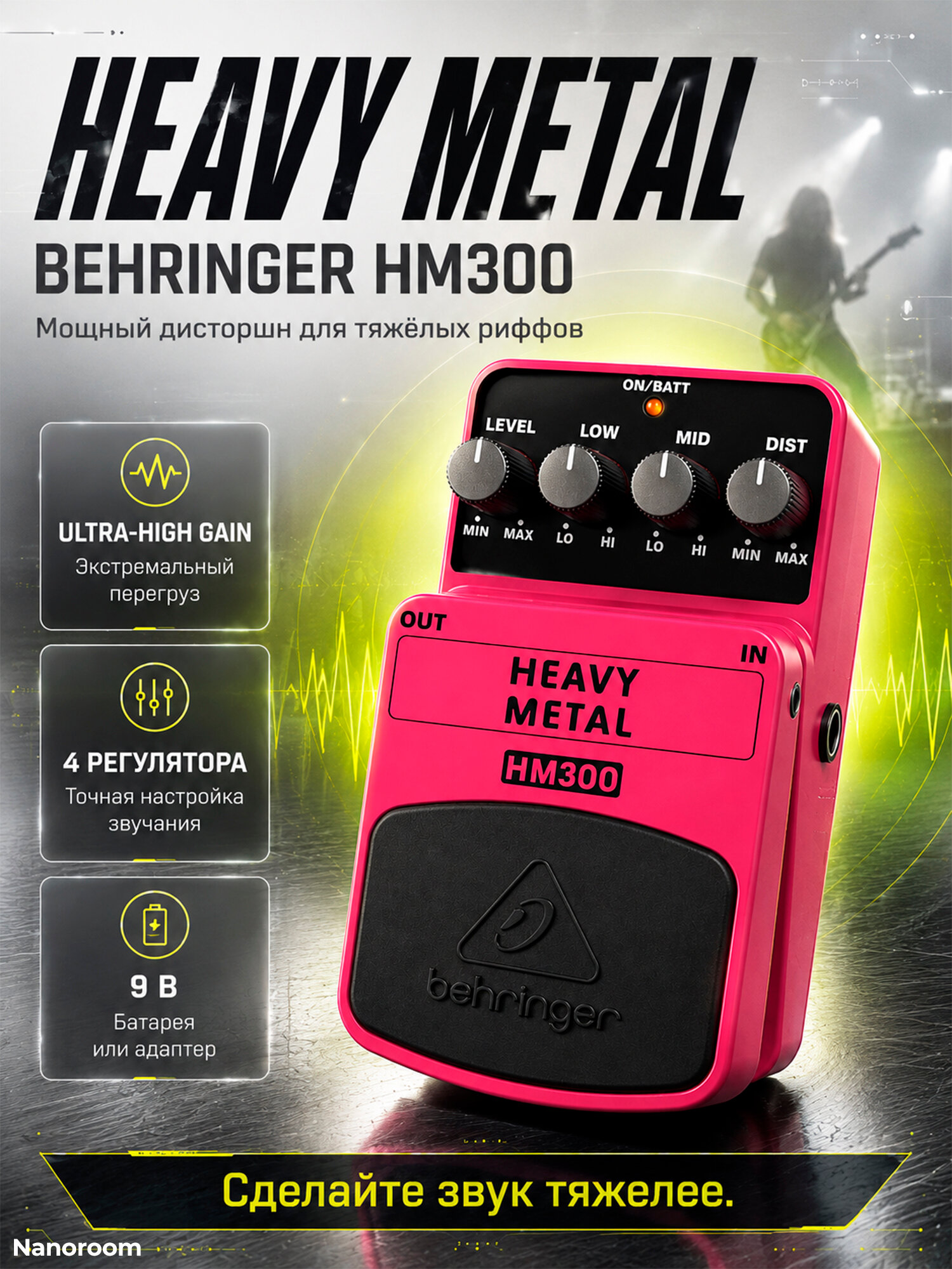 Гитарная педаль эффектов Behringer HM300 Heavy Metal, дисторшн для электрогитары