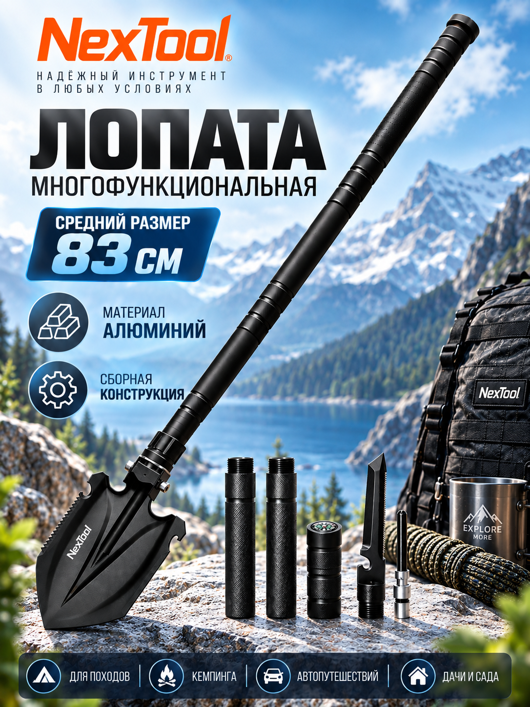 Лопата 83 см туристическая NexTool (NE20206) саперная, для рыбалки