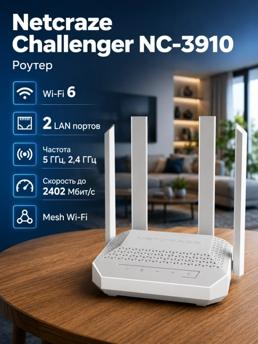 Wi-Fi роутер Netcraze Challenger NC-3910, двухдапазонный, Mesh, белый