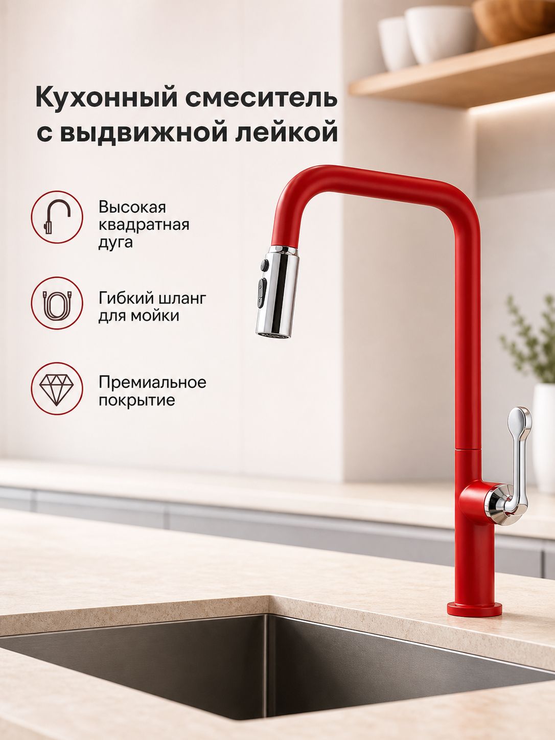 Кухонный смеситель с выдвижной лейкой, красный матовый, изогнутый излив, керамический картридж