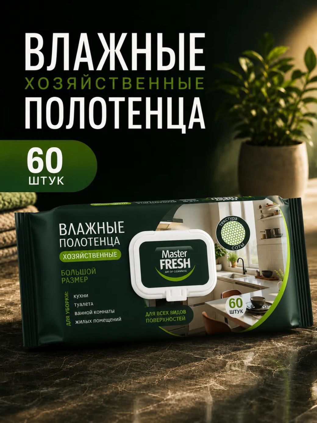 Влажные хозяйственные полотенца MASTER FRESH, 60 шт