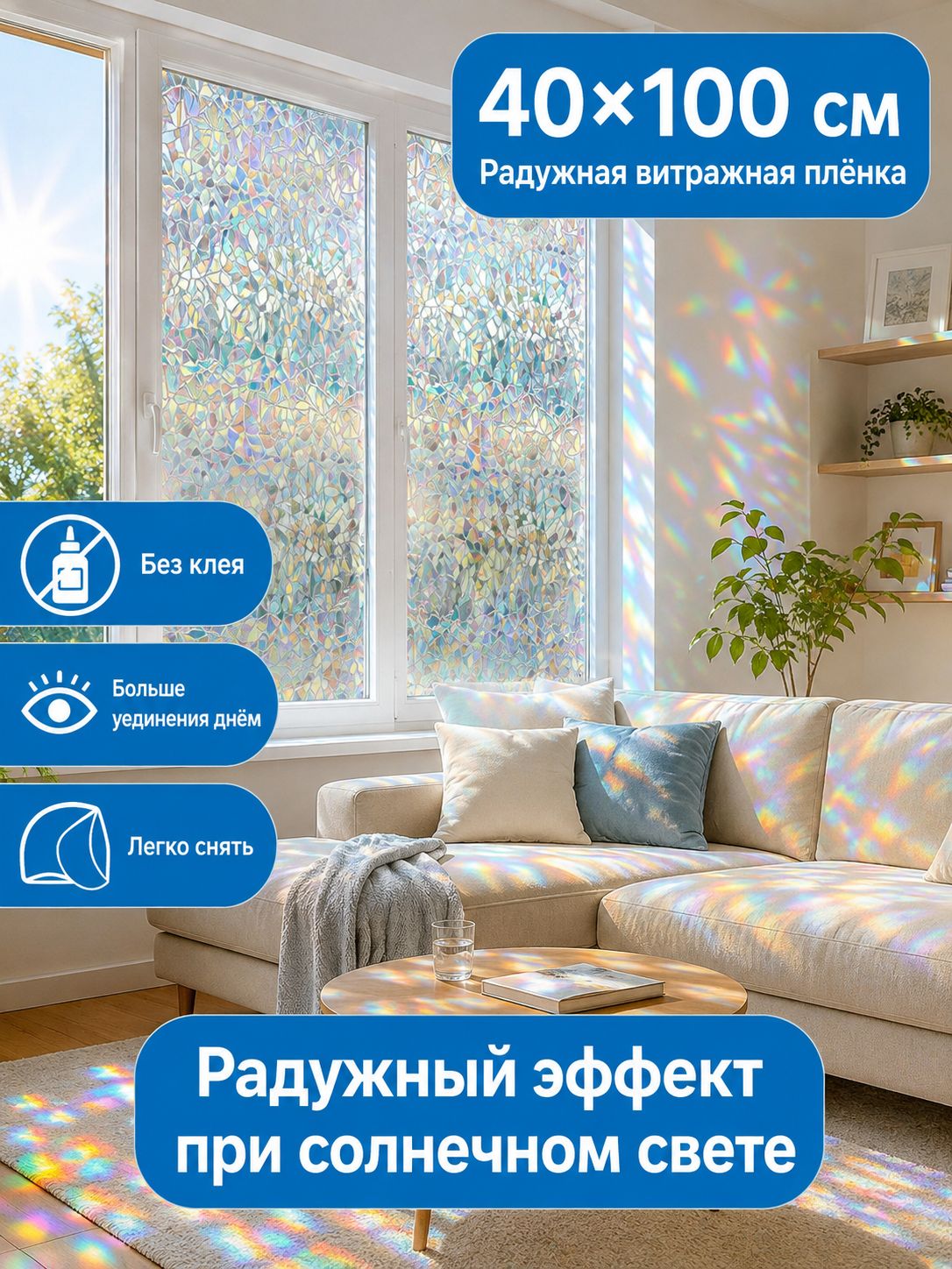 Радужная витражная пленка на окна без клея, декоративная пленка для стекла, 40*100 см
