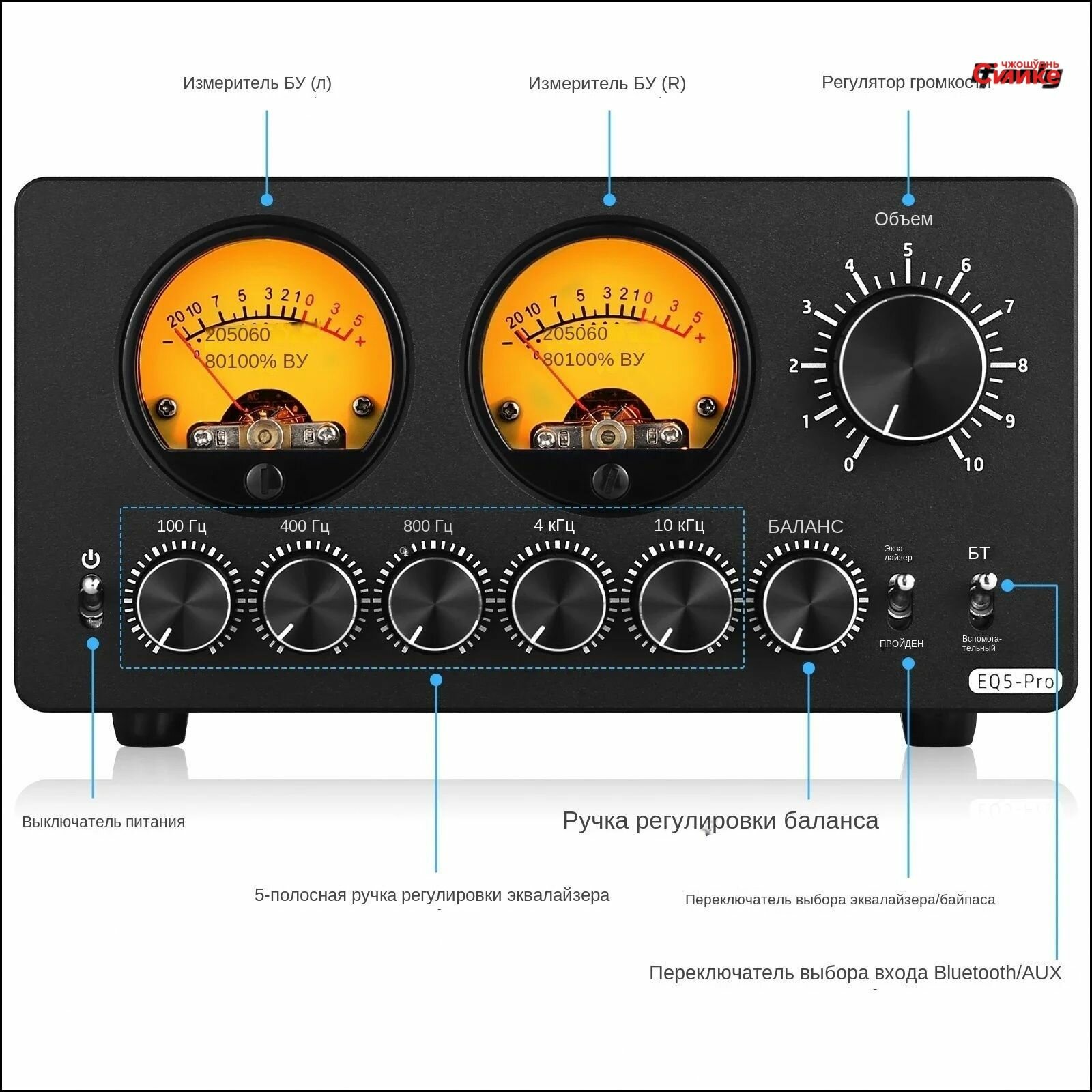 EQ5 PRO 5-полосный предусилитель эквалайзер EQ, подходит для динамиков/усилителей, с измерителем звука, Bluetooth