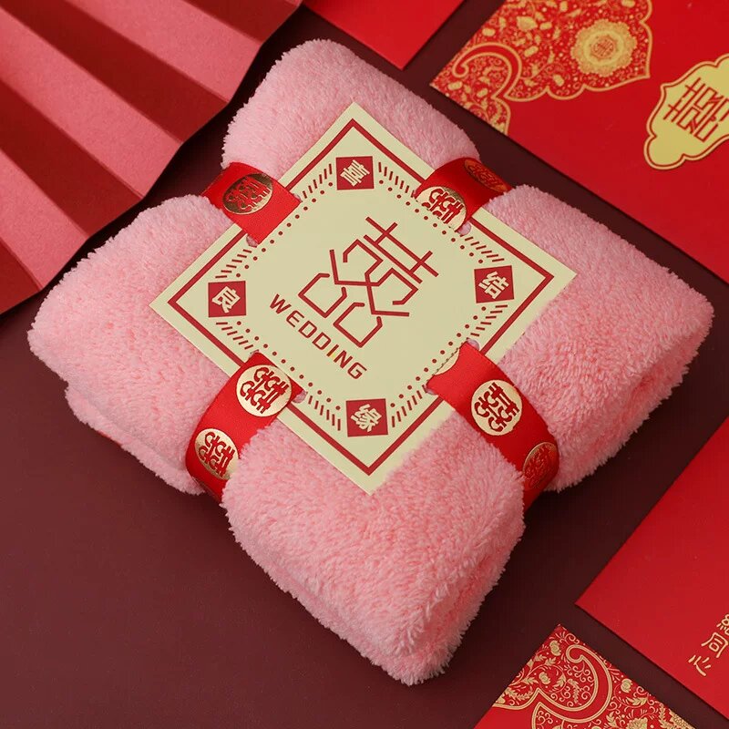 Коралловое бархатное мягкое впитывающее красное полотенце с медведем, свадебный подарок на возврат, счастливое слово,