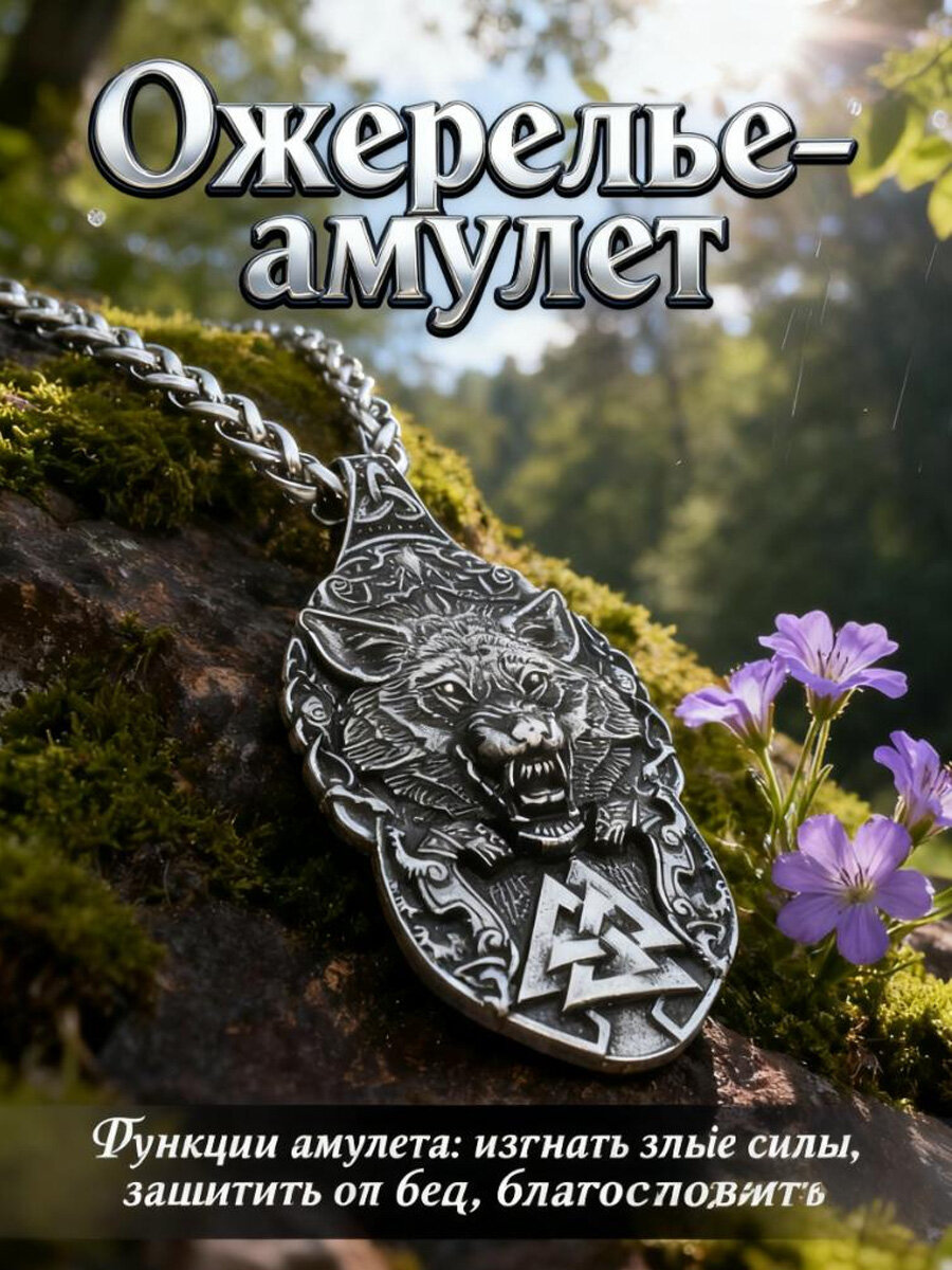 Защитный мужской амулет Волк на цепи