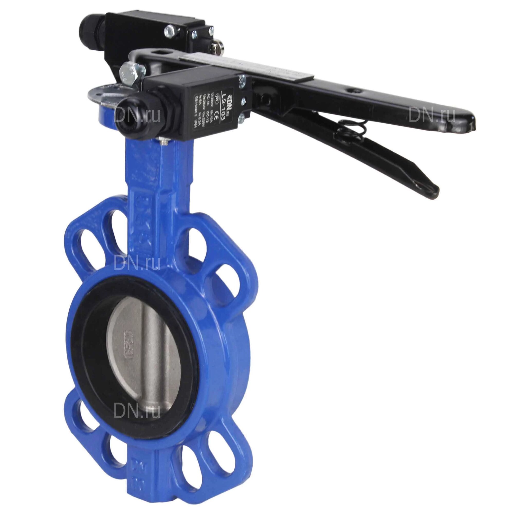 Затвор дисковый поворотный DN.ru GGG50-316L-EPDM Ду100 Ру16 межфланцевый, корпус - чугун GGG50, диск - нержавеющая сталь 316L, уплотнение - EPDM, с рукояткой, с двумя концевыми датчиками LS-103-41NM2-250