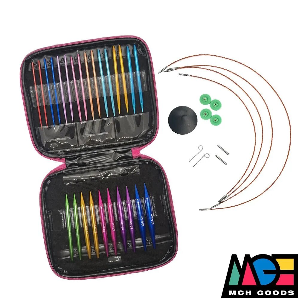 Набор спиц для вязания, круговые, съемные, темно-розовые, 13 размеров, 4 тросика