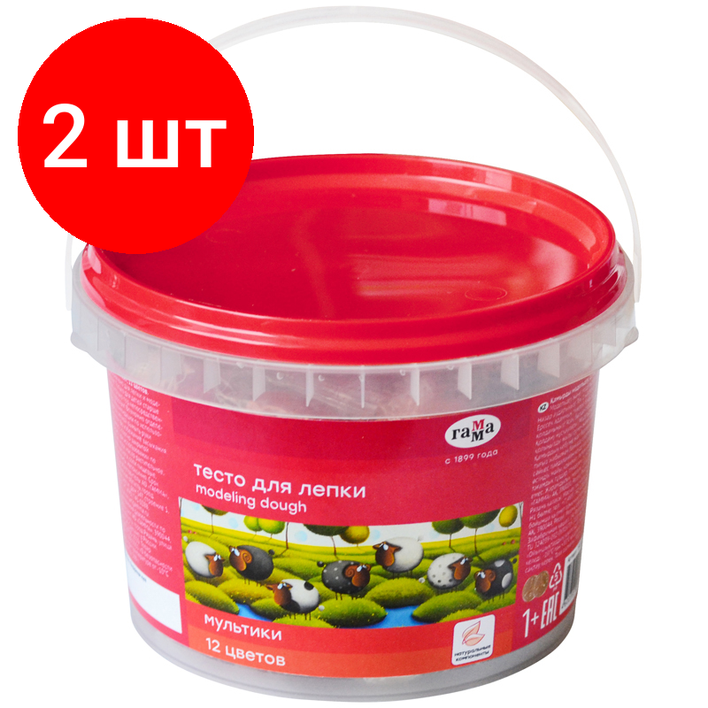 Комплект 2 шт, Тесто для лепки Гамма "Мультики", 12 цветов*25г, пластиковая банка с ручкой