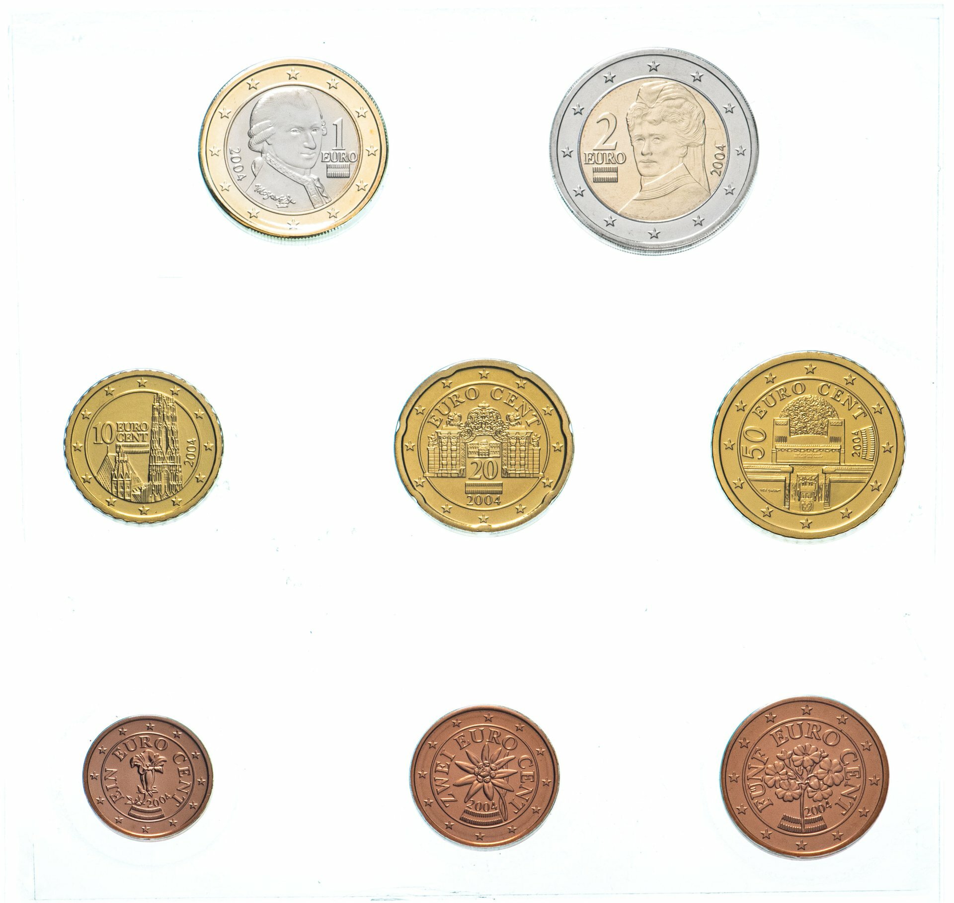 Австрия 2004 годовой набор евро из 8 монет в запайке, BU, Различные сплавы, в сохранности UNC
