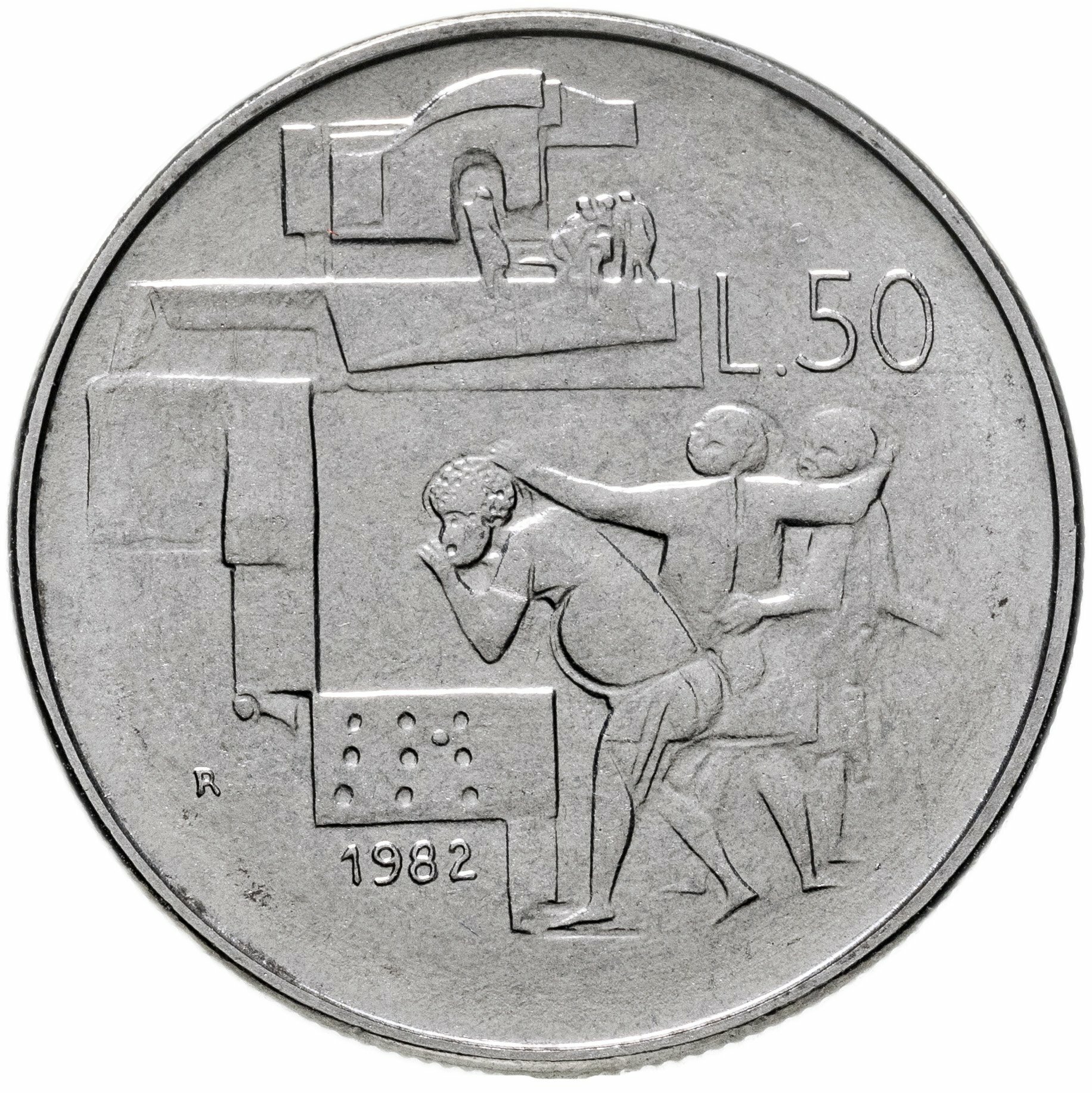 Сан-Марино 50 лир 1982 "Социальные достижения", Сталь, в сохранности UNC