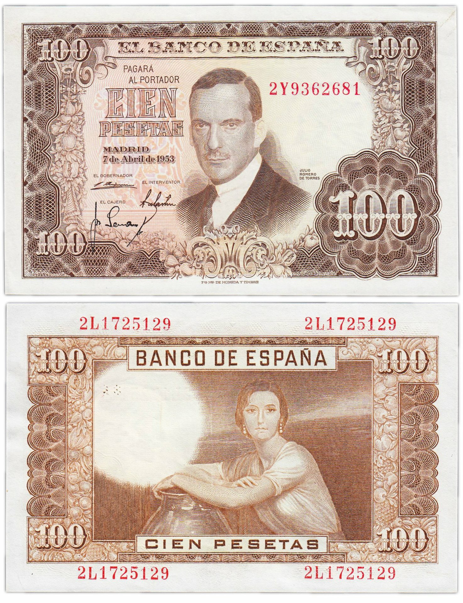 Испания 100 песет 1953 Pick 145a Хулио Ромеро де Торрес