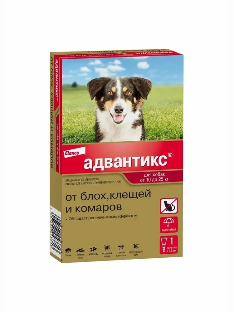 Адвантикс Elanco капли от блох, клещей, комаров для собак 10 - 25кг 2,5мл, упаковка 1 пипетка — фото 1
