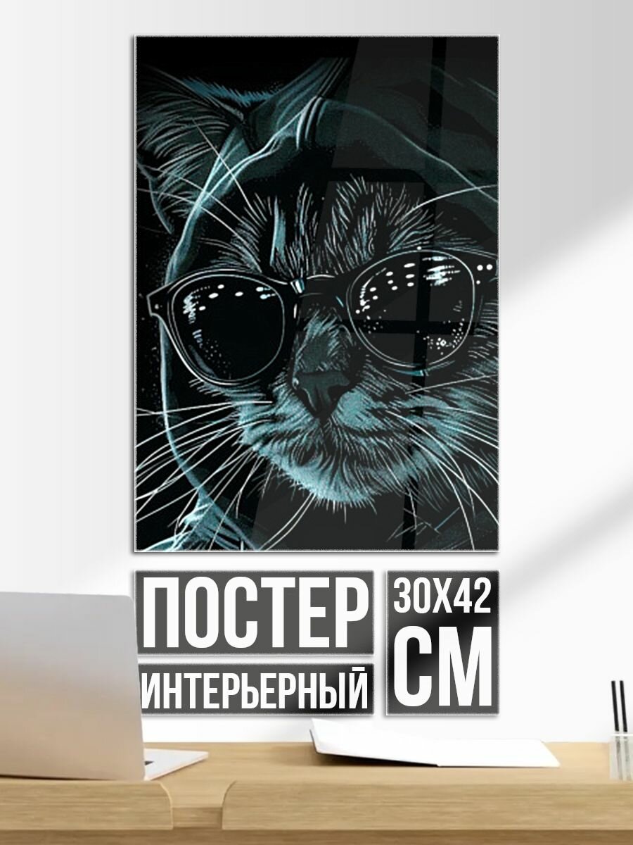 Постер на стену Кот хакер в черных очках