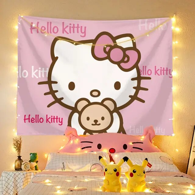 Милый мультяшный постер с изображением Hello Kitty, настенный гобелен, ковер, украшение для общежития, подарок для девочки.