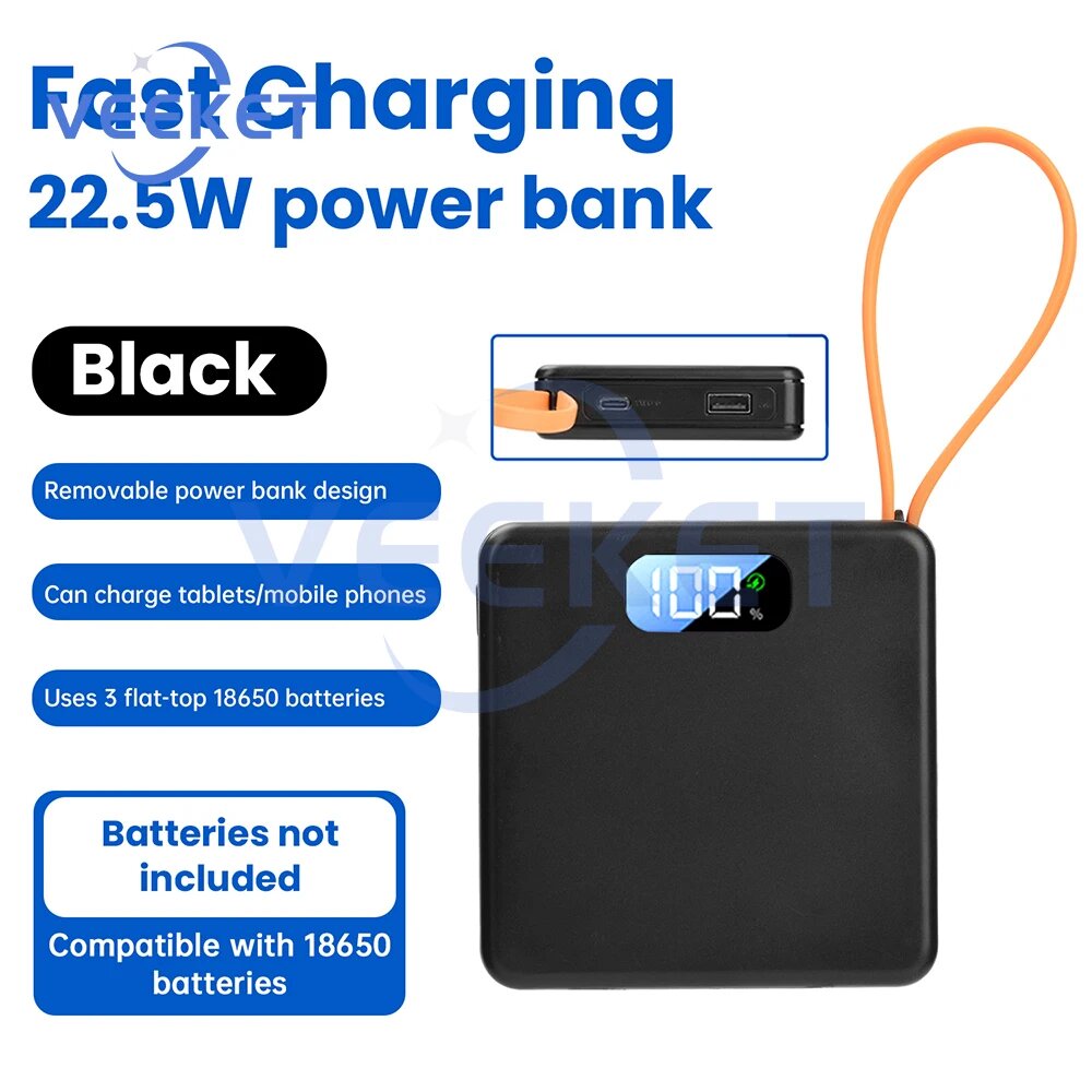 Power Bank 22.5W Black, 3*18650, DIY