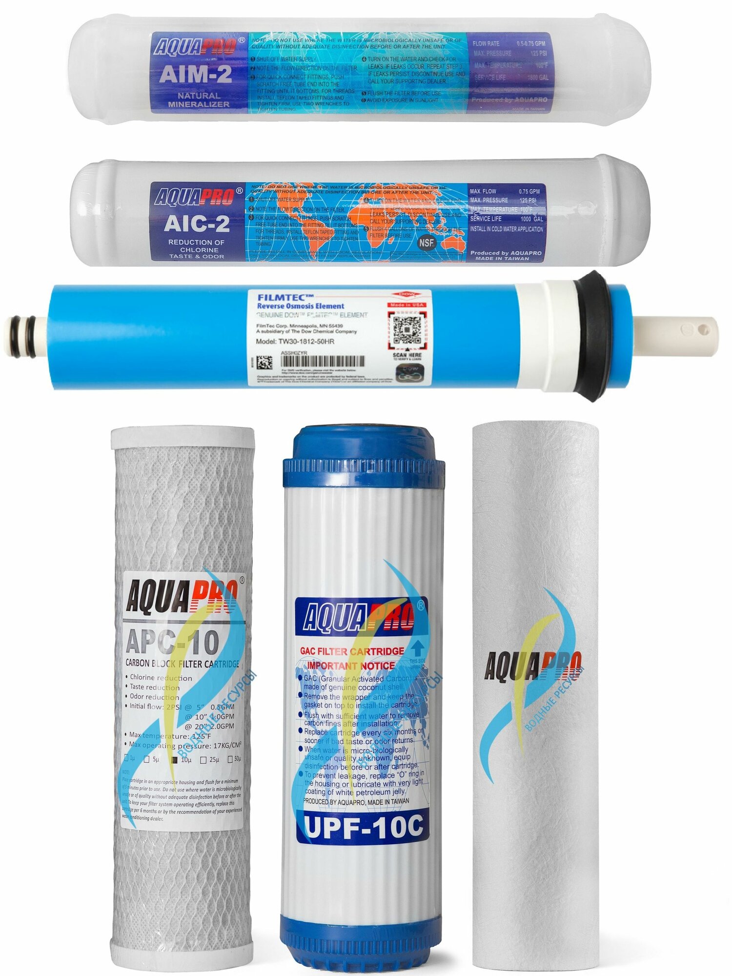 Полный комплект фильтроэлементов для AQUAPRO AP-600M с минерализатором, мембраной Filmtec (USA) и фитингами