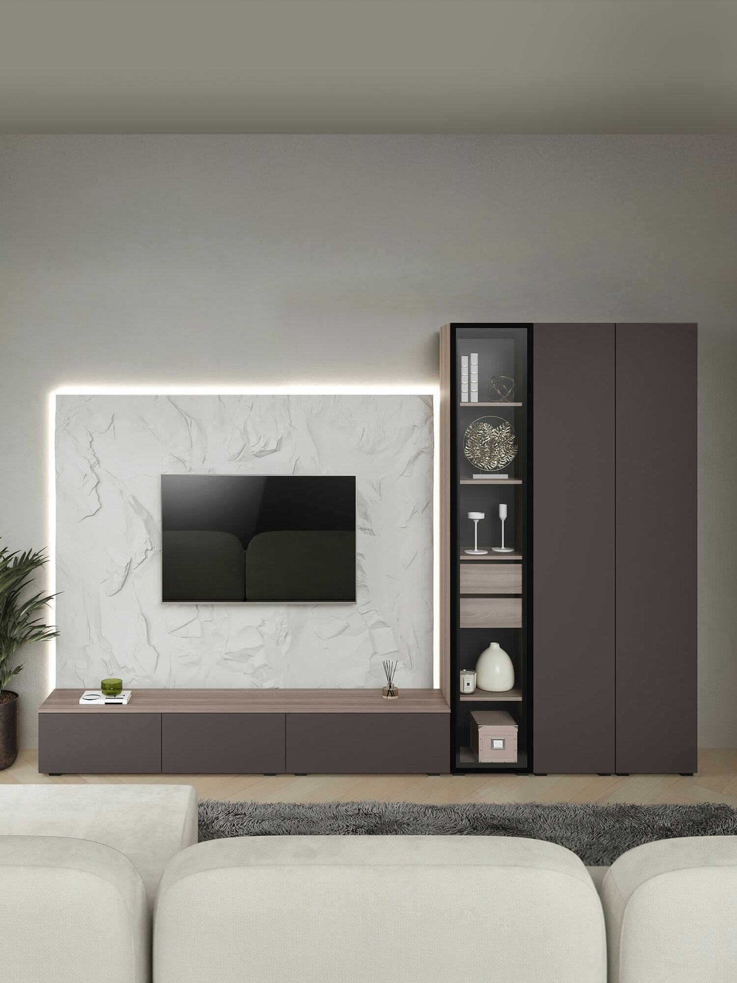 Гостиная комплект Роквуд, тумба под телевизор, шкаф-витрина, шкаф-пенал, 307,6х37,2х212 см, Эмили Блаш / Графит