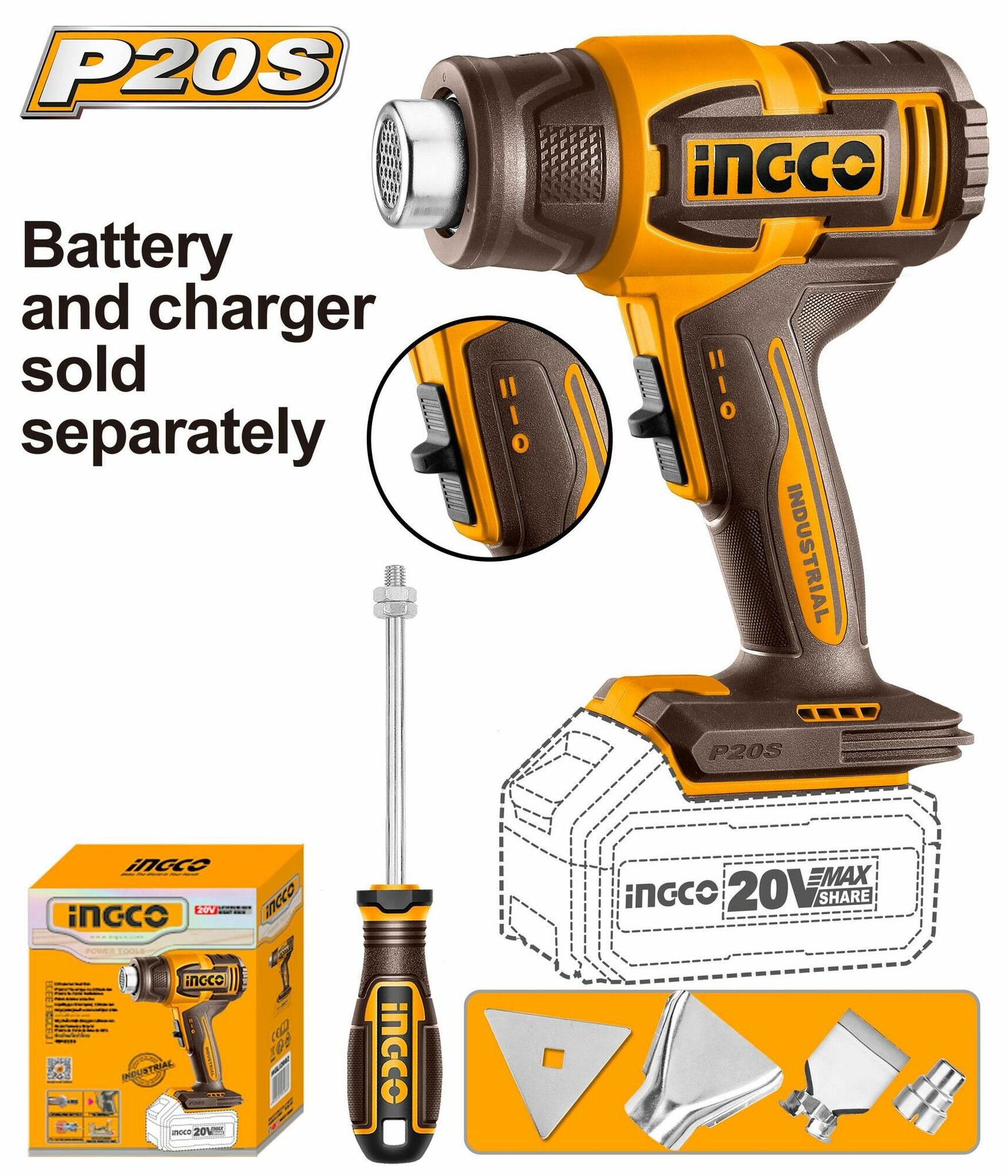 Фен аккумуляторный 20В без АКБ и ЗУ SUPER INGCO HGLI2006 INDUSTRIAL