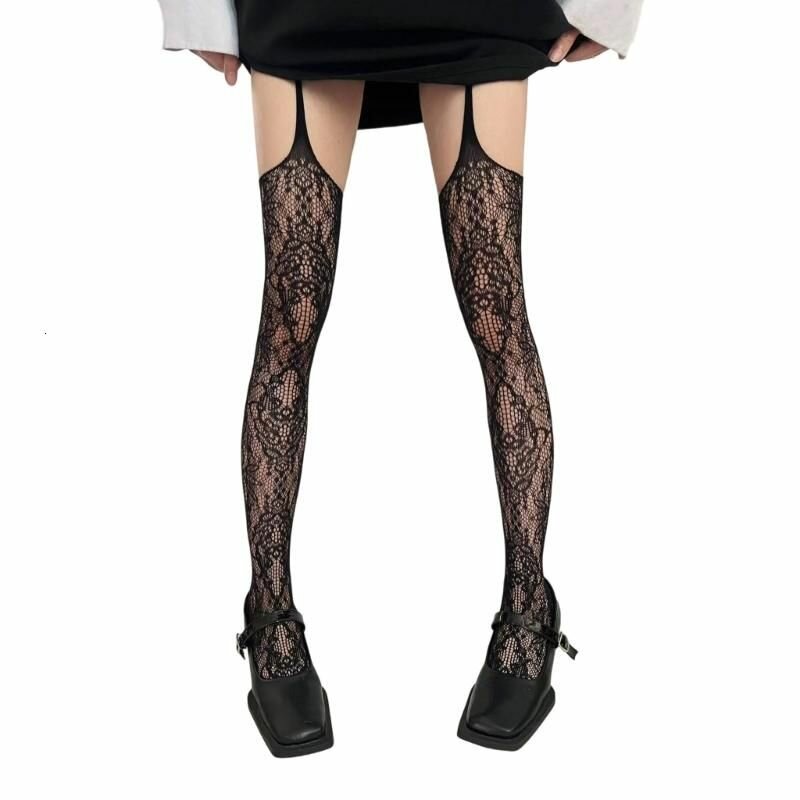 Чулки с подвязками и цветочным кружевом, Черный