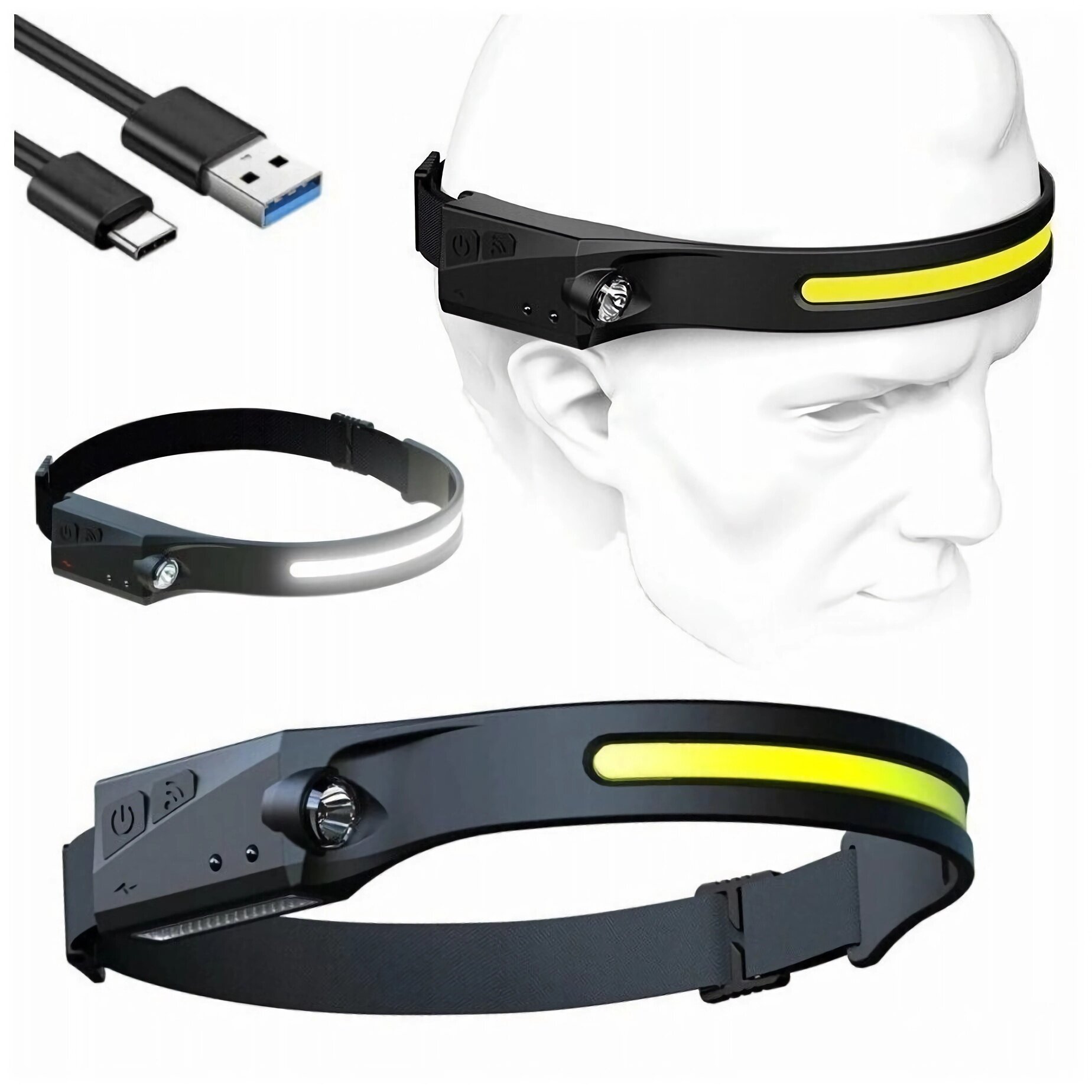 Фонарик налобный аккумуляторный светодиодный с датчиком движения, водонепроницаемый