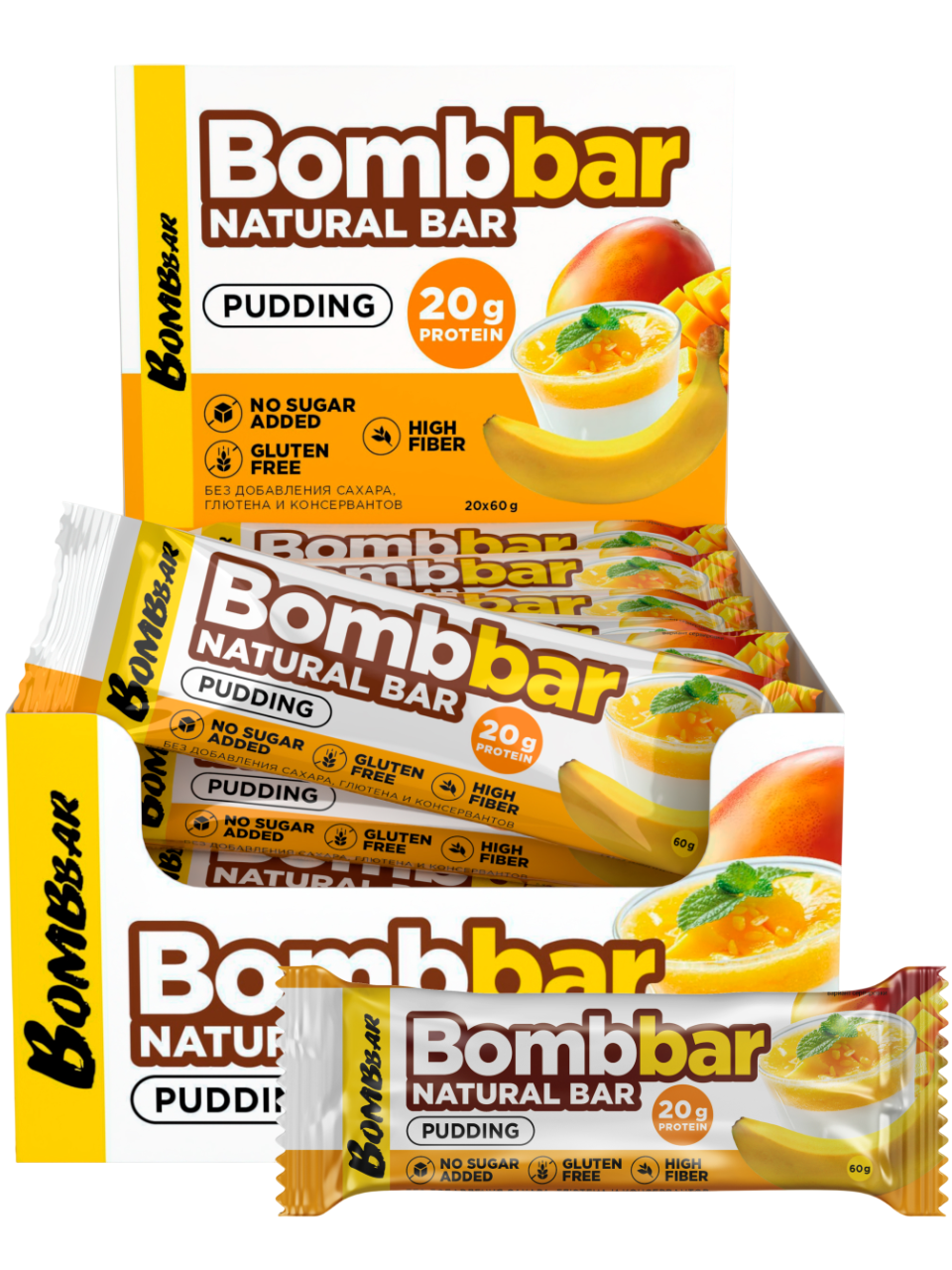 Протеиновый батончик BombBar Protein Bar 20 x 60 г, Пудинг с ароматом манго и банана