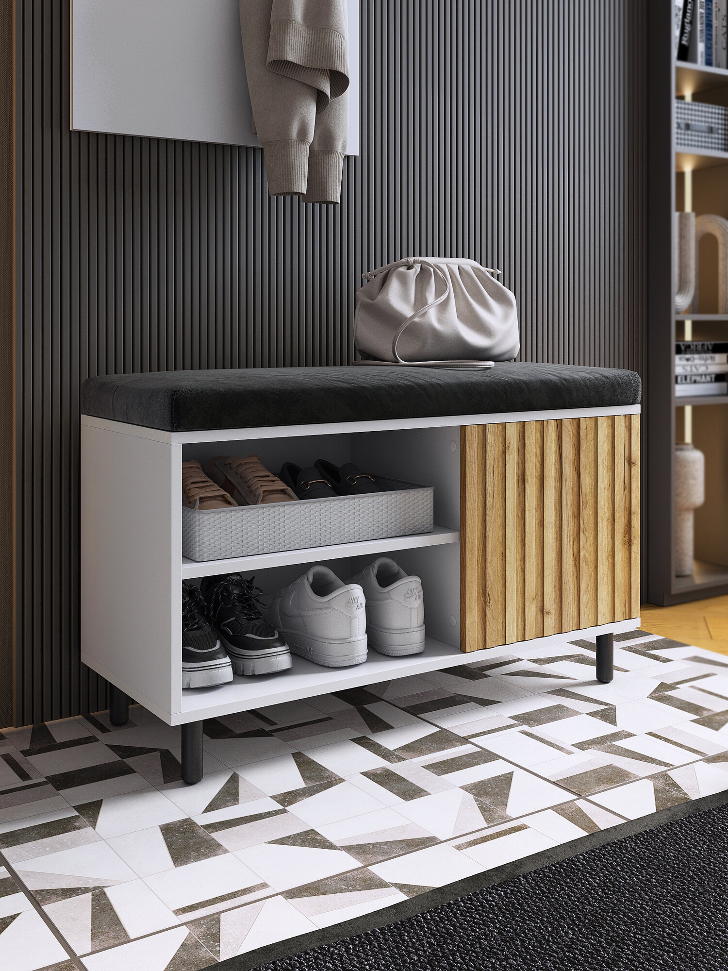 Обувница с рейками Мебельно "Топ Вельвет 2", фасад МДФ, ЛДСП, 4 отделения, белый, дуб крафт