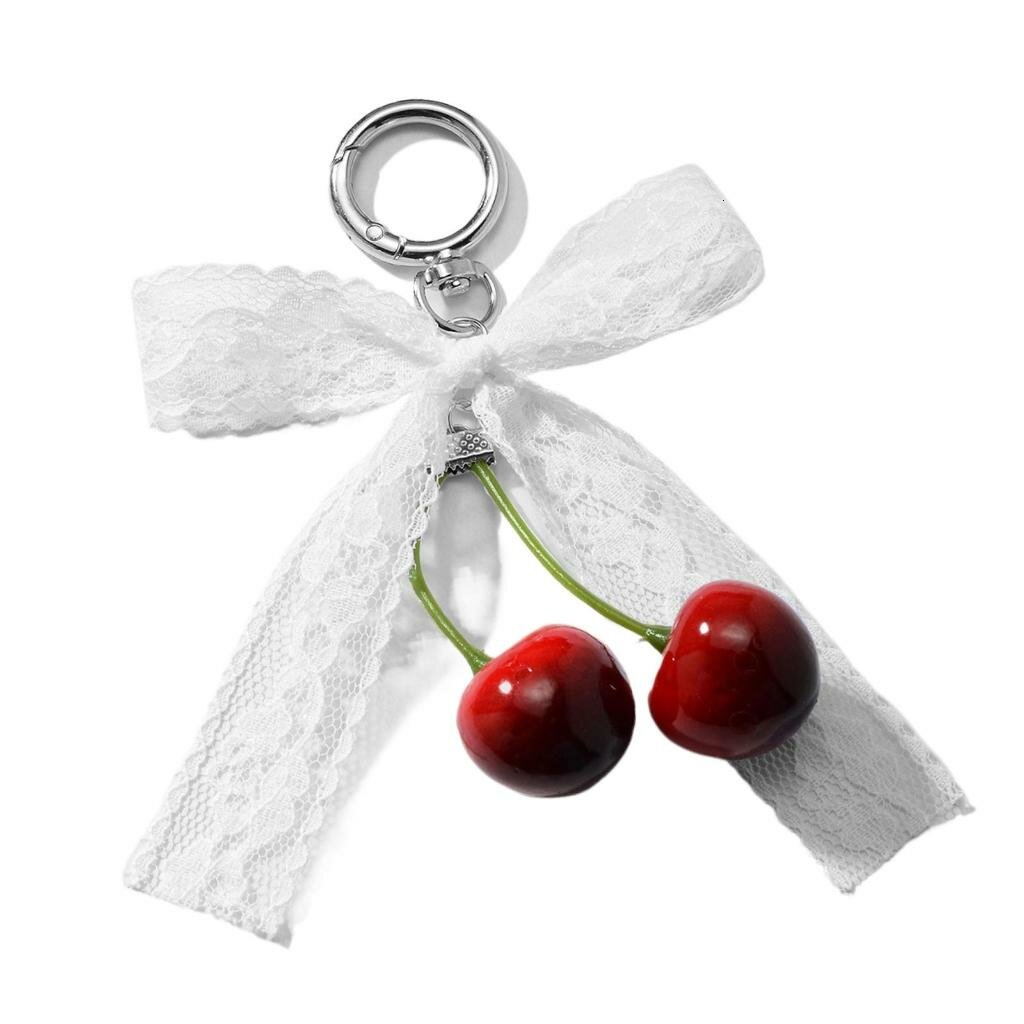 Брелок-подвеска «Вишни», Белый сетчатый кружевной бант