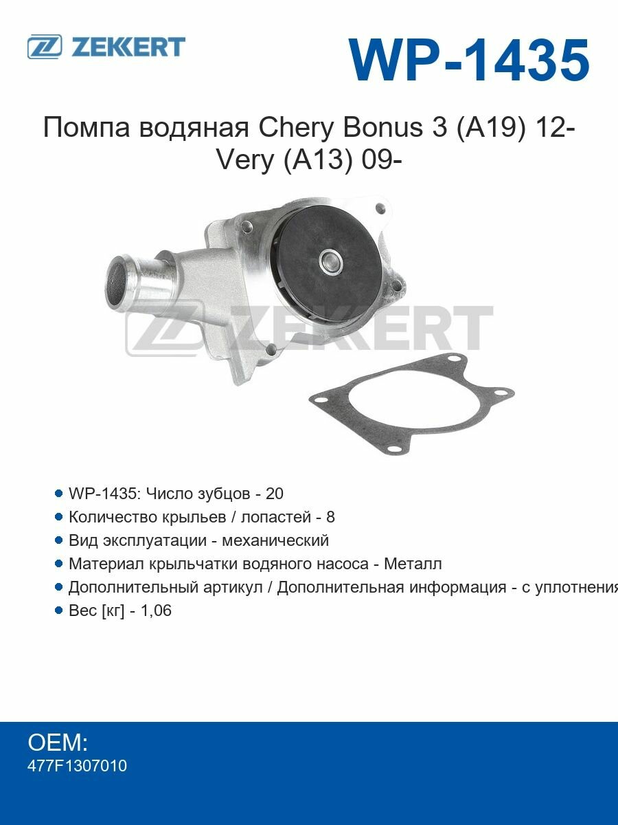 Zekkert Помпа водяная Chery Bonus 3 (A19) с 2012 г. Very (A13) с 2009 г.