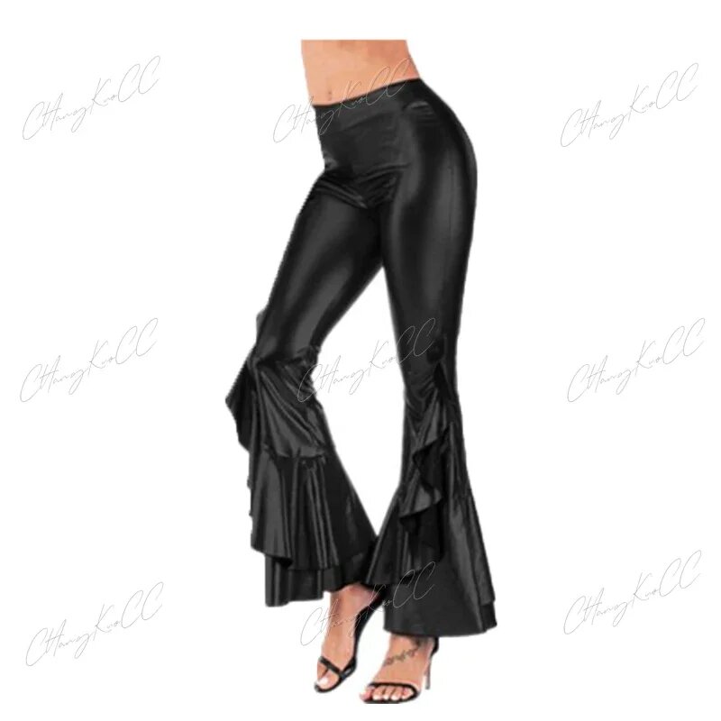 Блестящие брюки-клеш из искусственной кожи Черный, М, Black