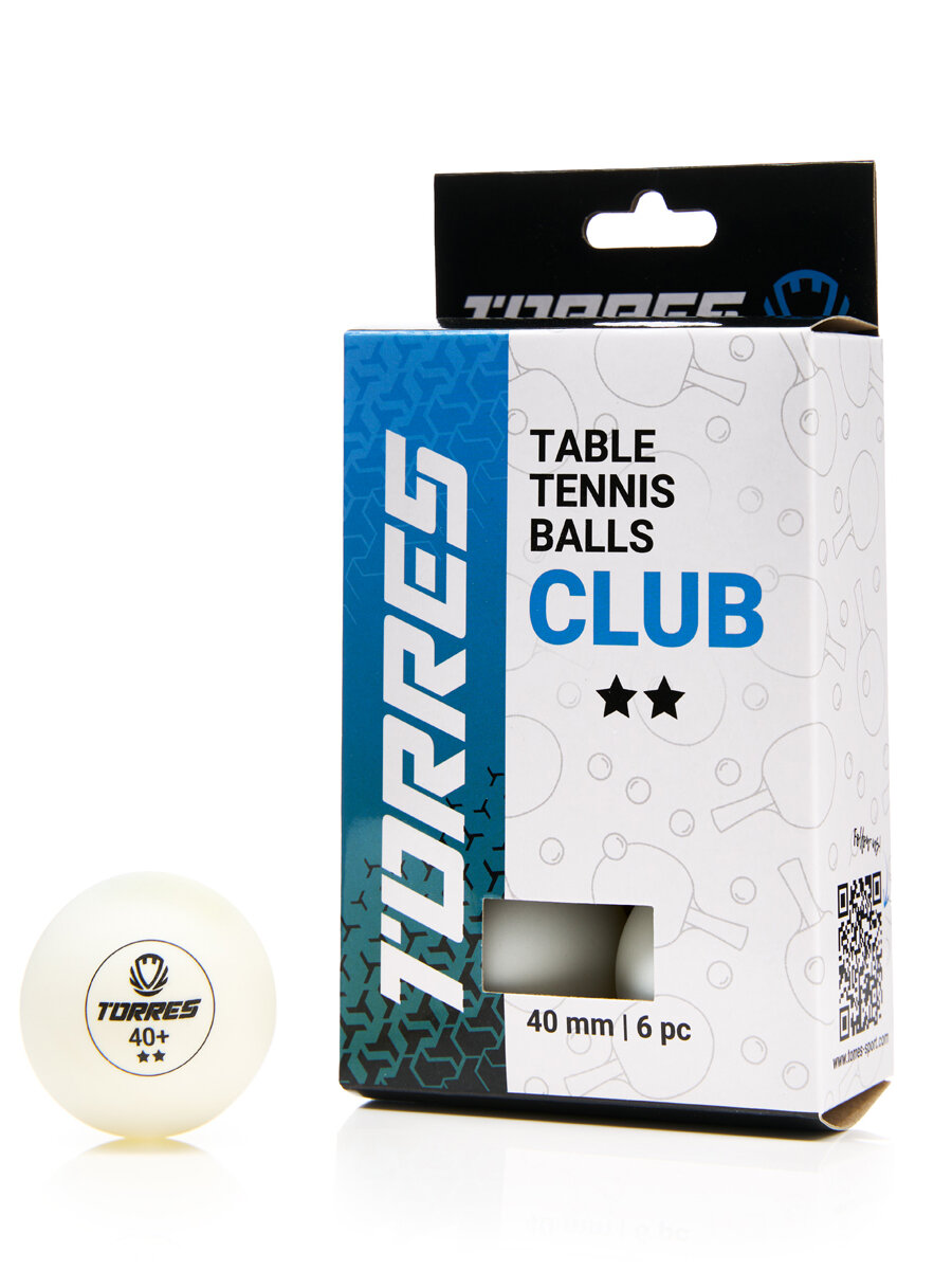 Мячи для настольного тенниса TORRES 2* Club 40+ Plastic x6, White TT23014