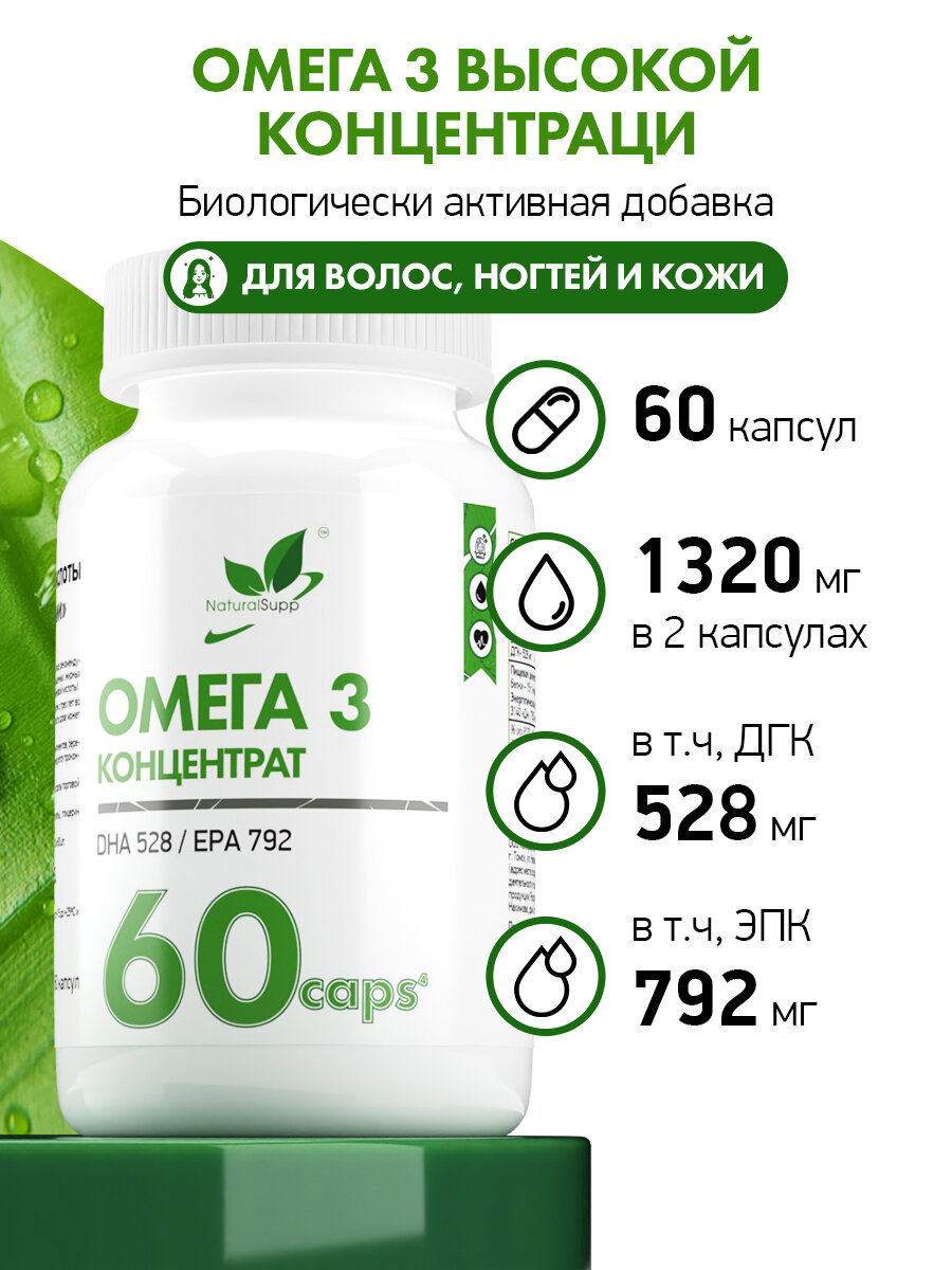 Oмега-3 концентрат 1320 мг, рыбий жир, для взрослых, для мозга, сердца, кожи, 60 капсул