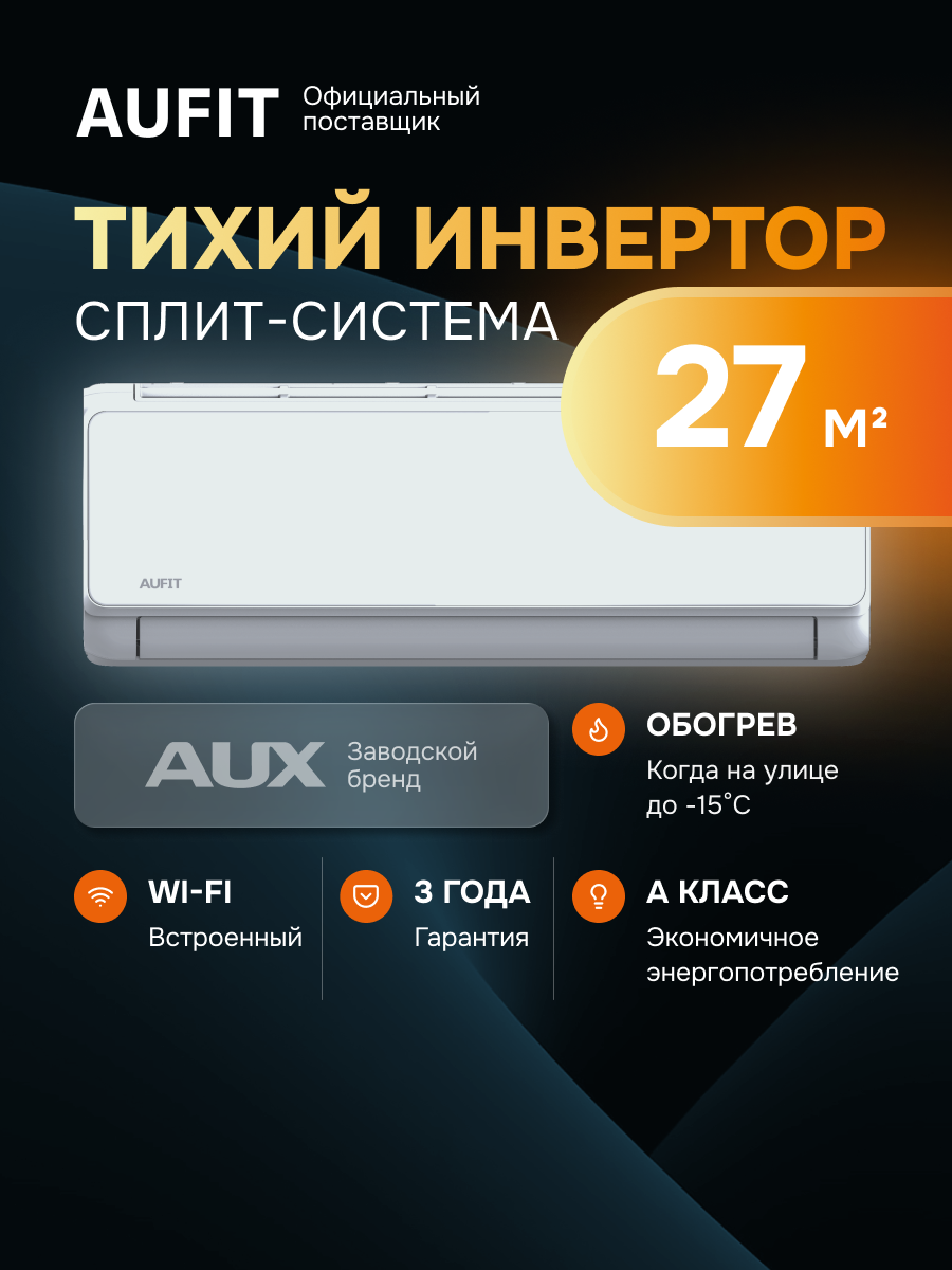 Сплит-система инверторная Aufit QB-INV-09KI/QB-INV-09KU, встроенный Wi-Fi, 9 kBTU, кондиционер до 27 кв. м.