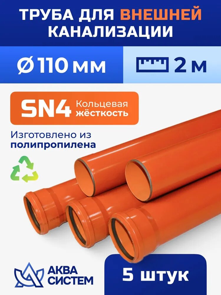 Труба ПП 110 мм SN4 (2м) для внешней канализации (5 шт.)