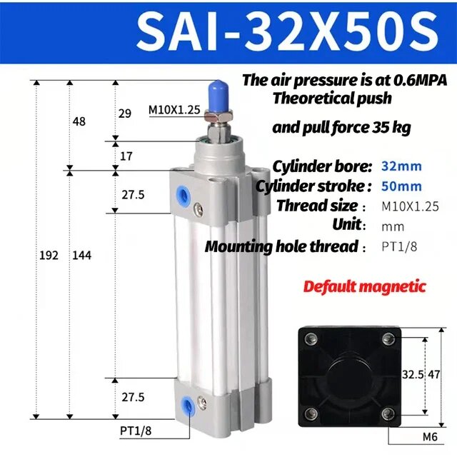 Стандартный цилиндр Airtac, воздушный цилиндр серии SAI 32 40, стандартный двухсторонний пневматический цилиндр SAI32 SAI40-25 50 75 100