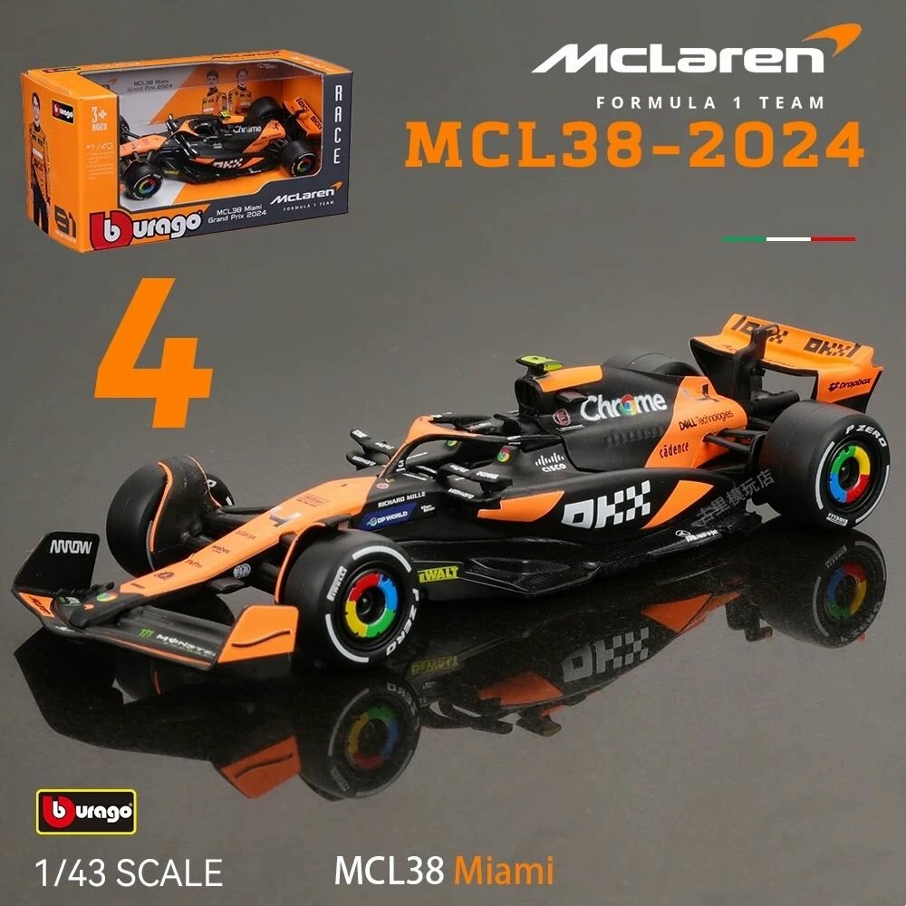 Bburago 1:43 2024 Mclaren Miami MCL38 Формульный болид Формулы-1, Литые под давлением автомобили, коллекционная модель гоночных игрушек