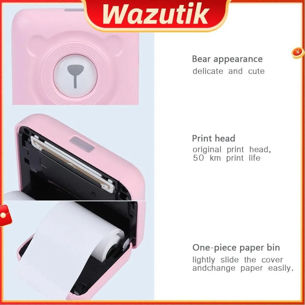 Мини-принтер для печати фотографий, портативный розовый термопринтер с Bluetooth, для дома и офиса