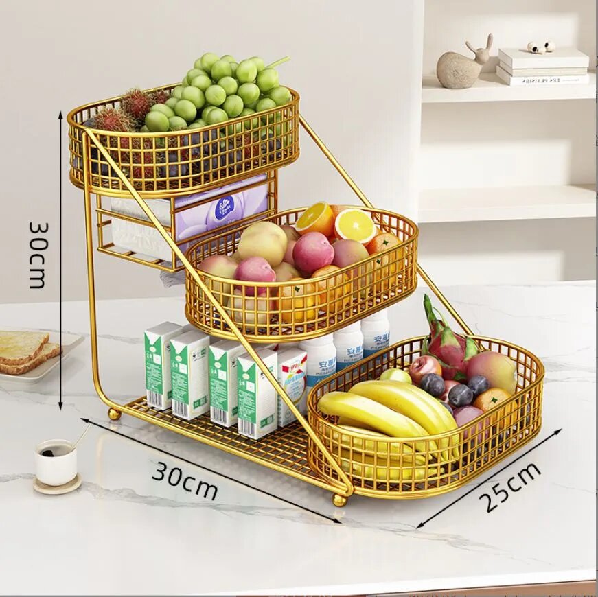 Ainidd Золотая трехъярусная фруктовница 30 см для фруктов, ягод, конфет, 3 шт