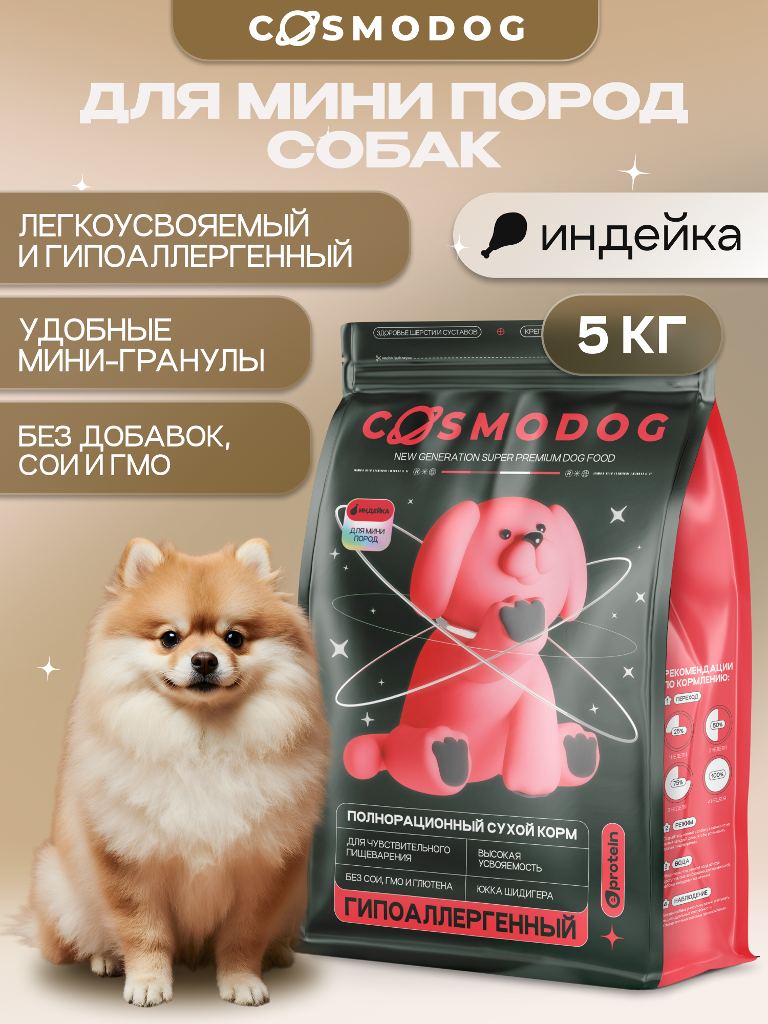 Корм для мини собак сухой с индейкой 5 кг Cosmodog, гипоаллергенный холистик супер премиум-класса для мини пород