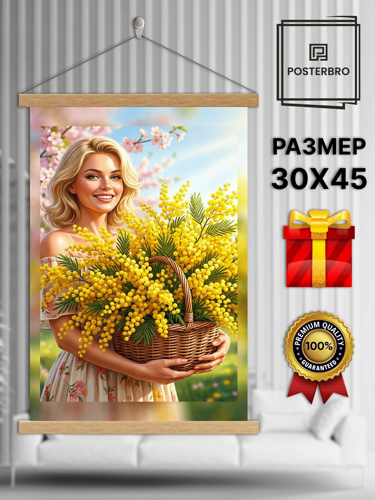 Posterbro постер на стену "Мимозы в корзине" 30х45 см в стиле граффити с рамкой, подарочный комплект