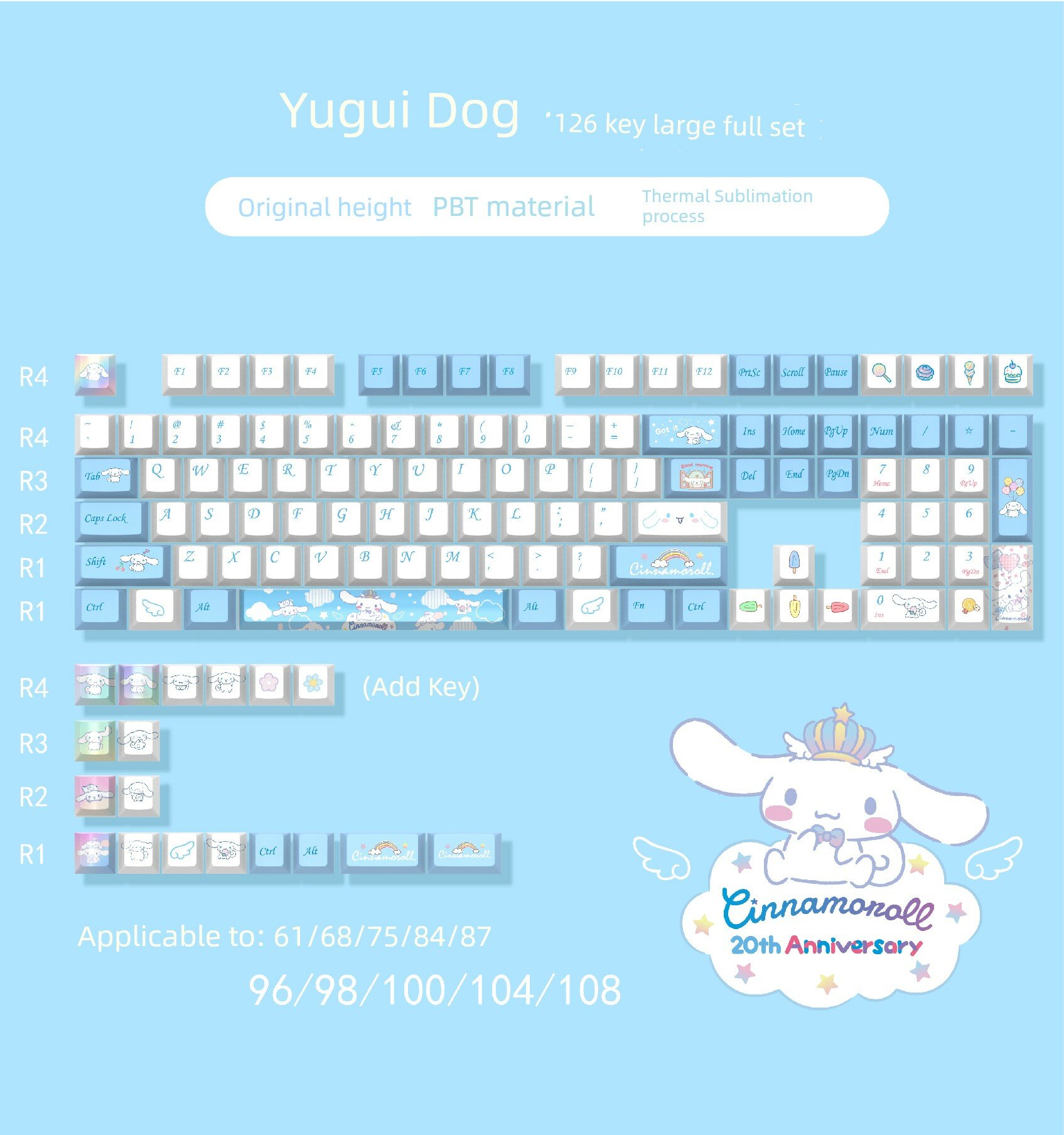 Кейкапы для клавиатуры с дизайном Наруто, персонализированные, с сублимационной печатью, 68, 75, 98, 104, 108 клавиш