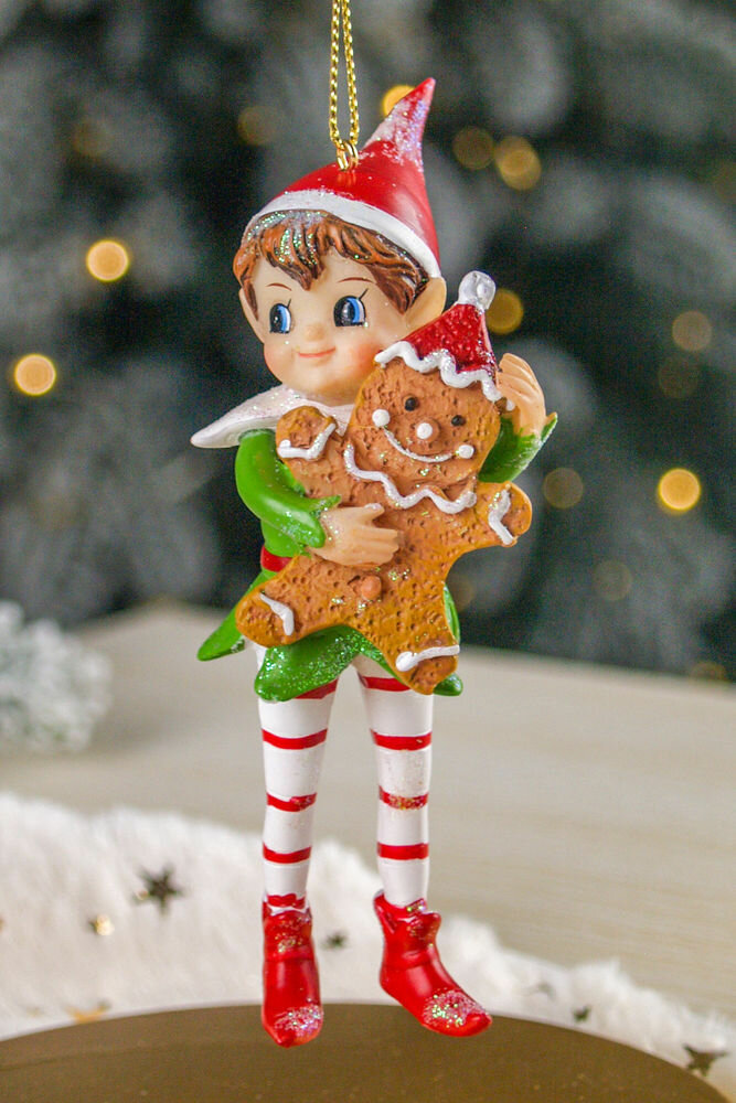 Ёлочная игрушка эльф С имбирным человечком, 13 см, EDG 6500072A140-2