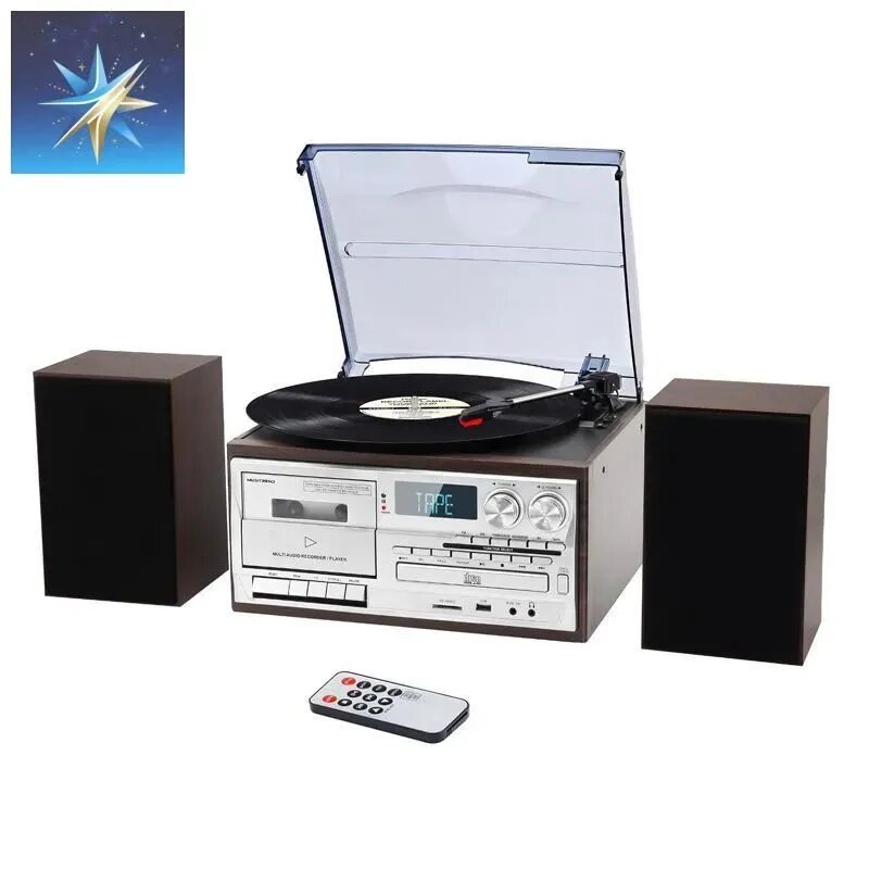 Виниловый проигрыватель с CD/кассетным плеером, встроенной акустикой и пультом