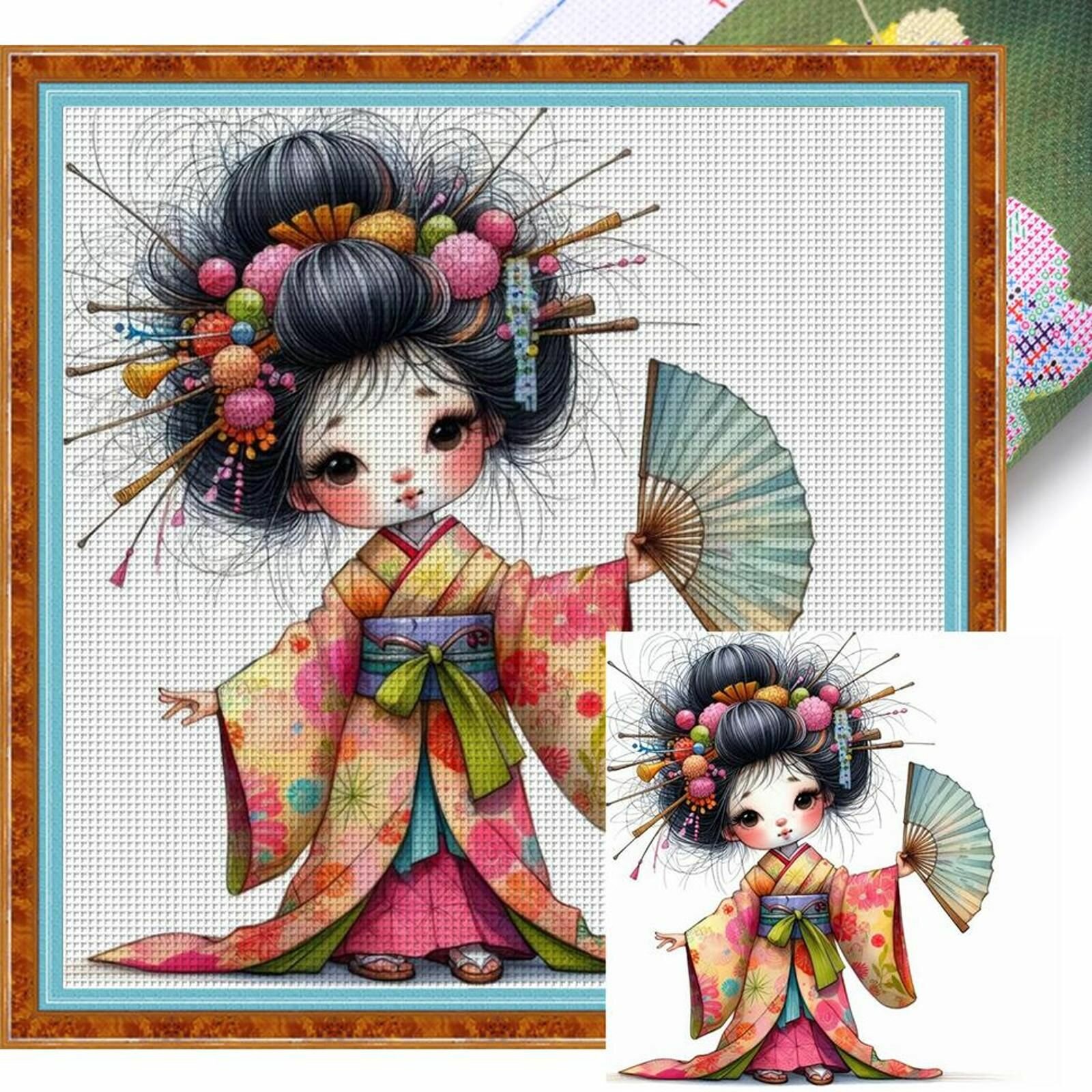 Вышитая картина на холсте 40x40 см с японской гейшей, набор для вышивания крестиком, хлопок, схема с цифрами и символами