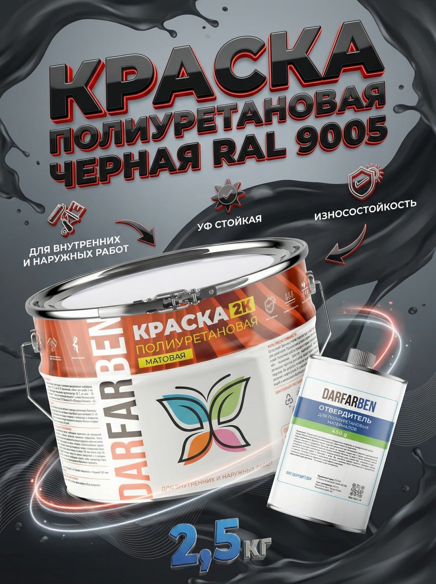 Матовая краска Полиуретановая черная по металлу, дереву, бетону 2.5 кг DARFARBEN