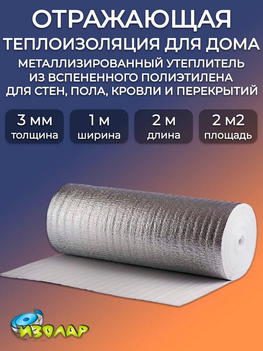 Рулонная теплоизоляция 3мм отражающая для дома 2м2 изолар ЛМ/ Фольгированный утеплитель для стен пола и потолка/ фольгоизолон пенополиэтилен лавсан