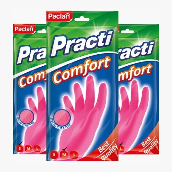 Перчатки хозяйственные Paclan "Practi Comfort" (латексные, хлопчатобумажное напыление, размер M (средний), розовые)